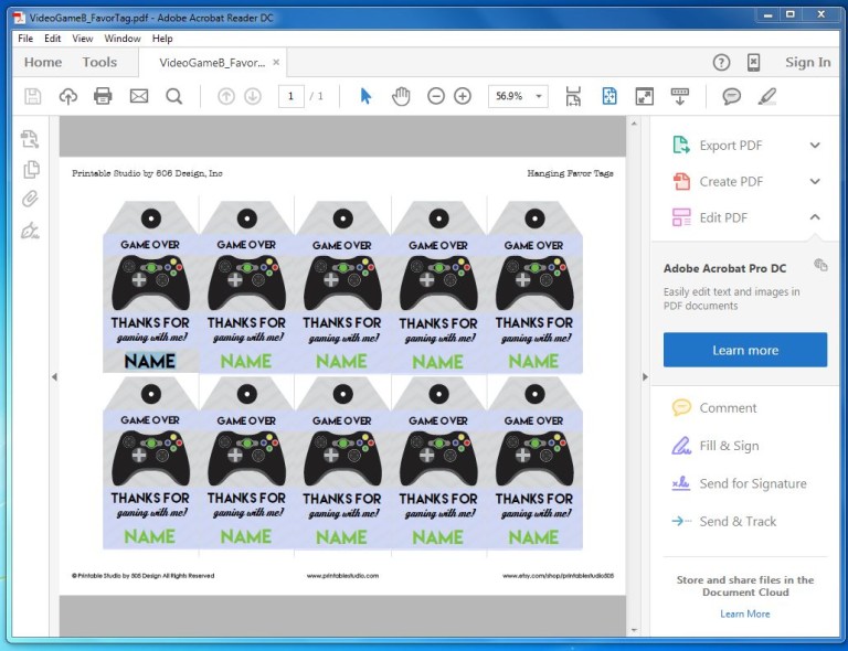 Video Game Favor Tag with Black Controller - Printable Studio