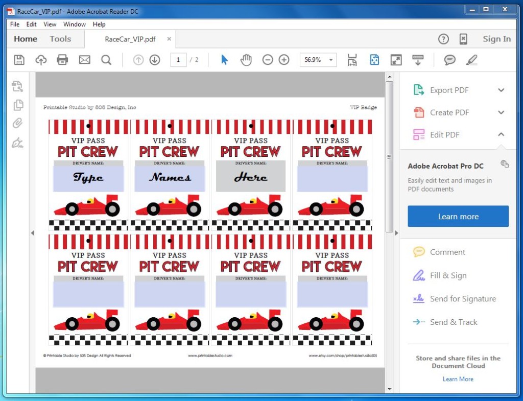 Race Car Party Pit Crew Pass - Printable Studio
