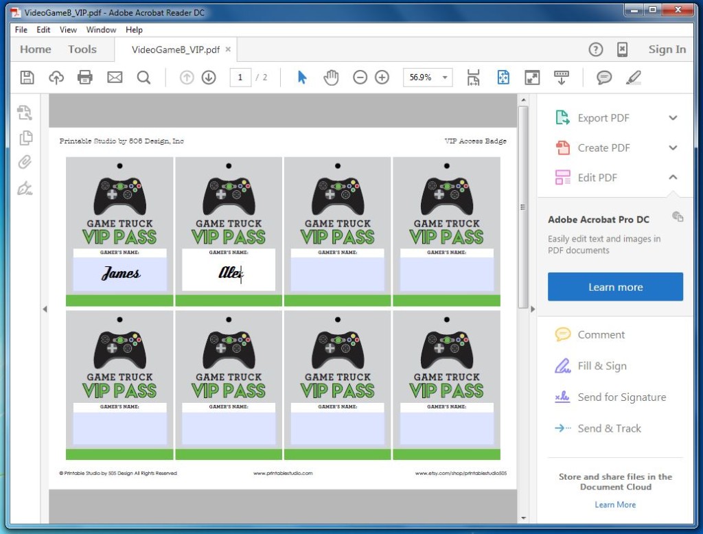 Video Game Birthday VIP Pass with Black Controller - Printable Studio