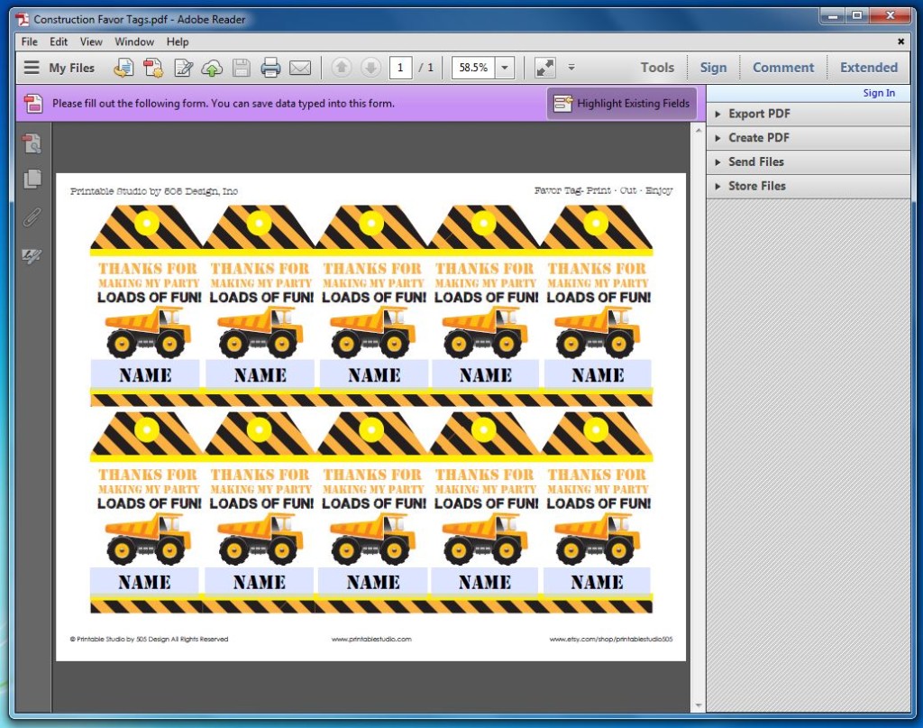 Construction Party Favor Tags - Printable Studio