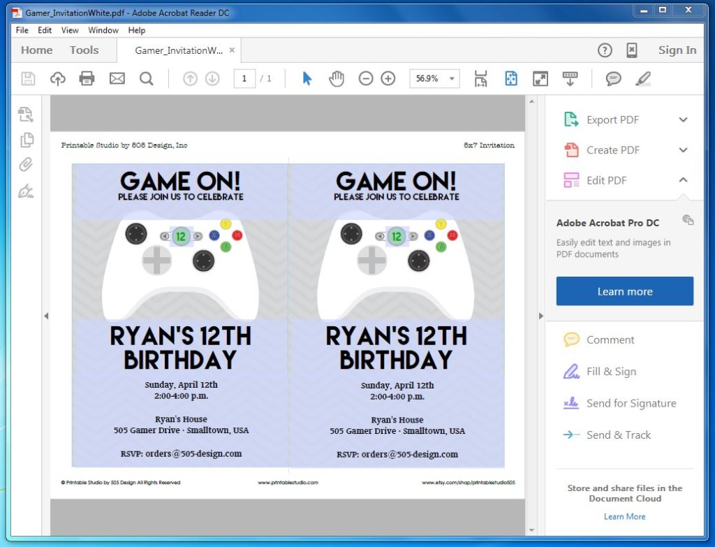 Video Game Party Invitation with White Controller - Printable Studio