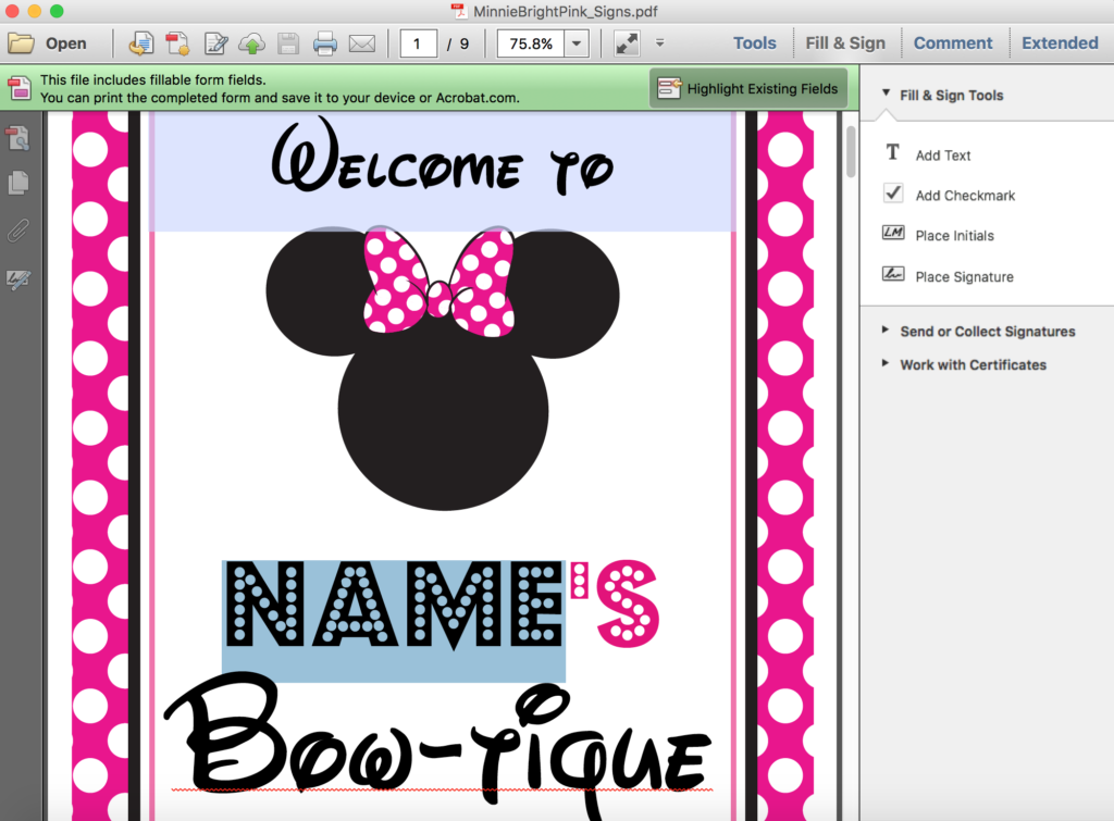 Hot Pink Minnie Mouse Party Signs - Printable Studio