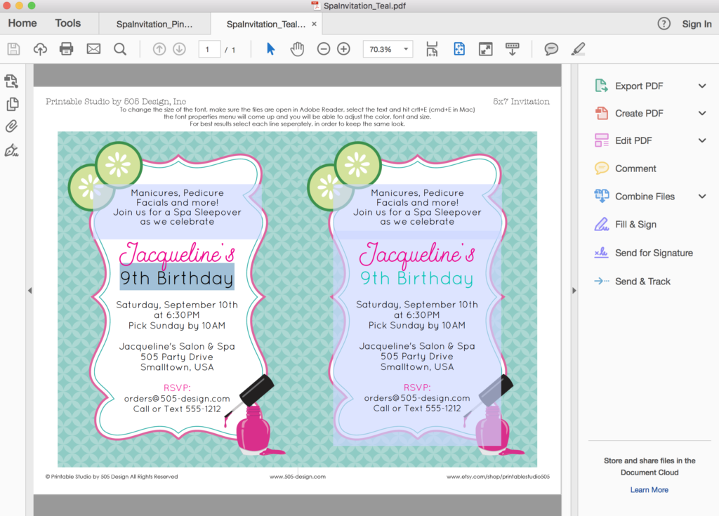 Spa Party Invitation - Printable Spa Invitation in Aqua - Printable Studio
