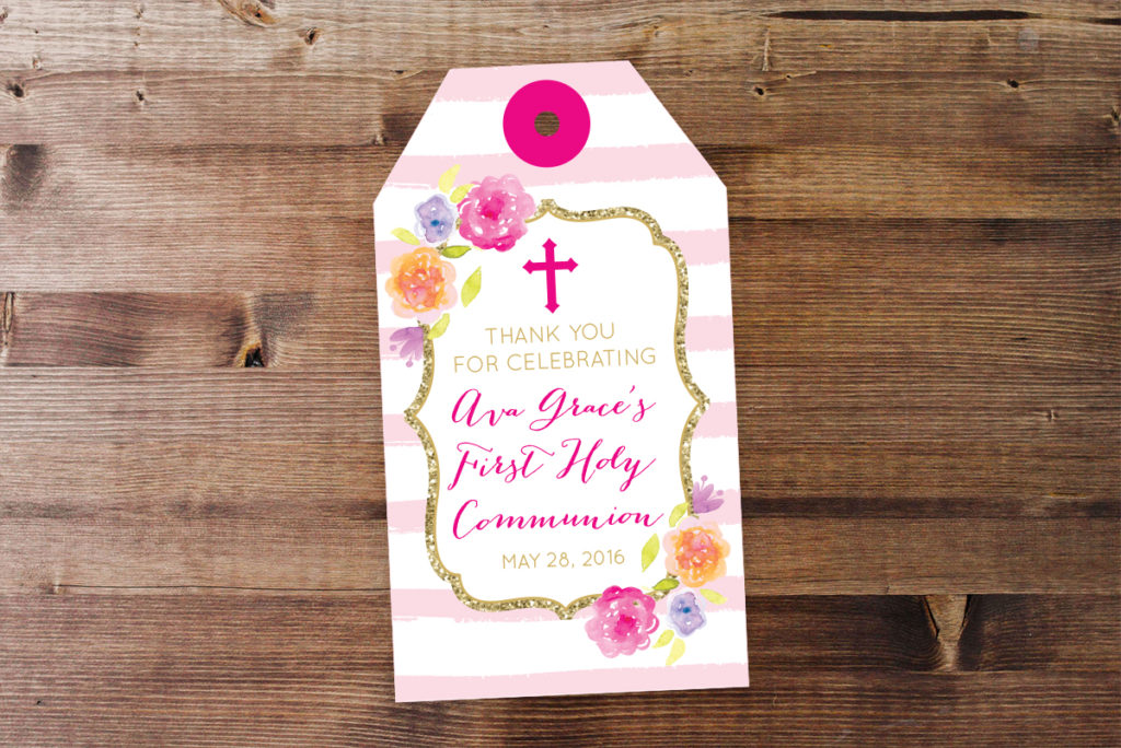 Beautiful Pink and Gold Watercolor First Communion Favor Tags ...