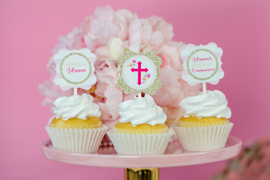 Pink Gold and Floral First Communion Cupcake Toppers - Printable Studio