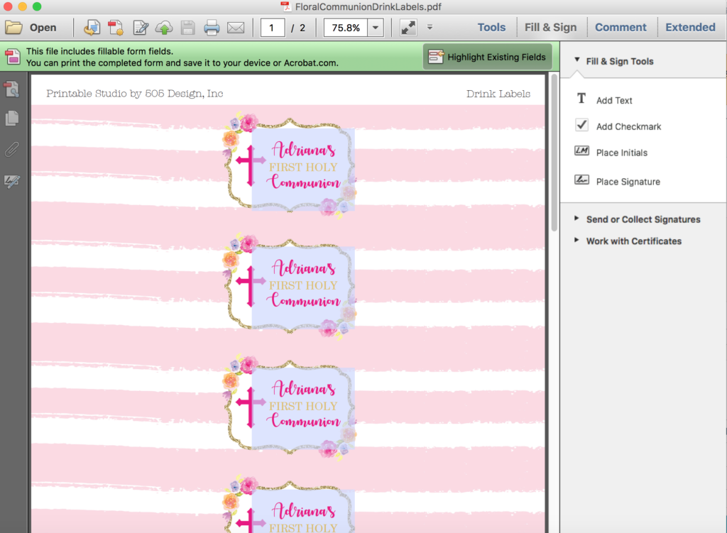 Pink Gold and Floral First Communion Drink Labels - Printable Studio