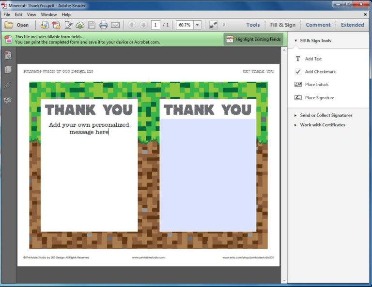 Minecraft Thank You Card - Printable Studio